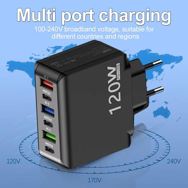 120W USB-C PD 3.0 5V/3A 3USB+3PD 5 in 1 Multi-Port Fast Charger for ...