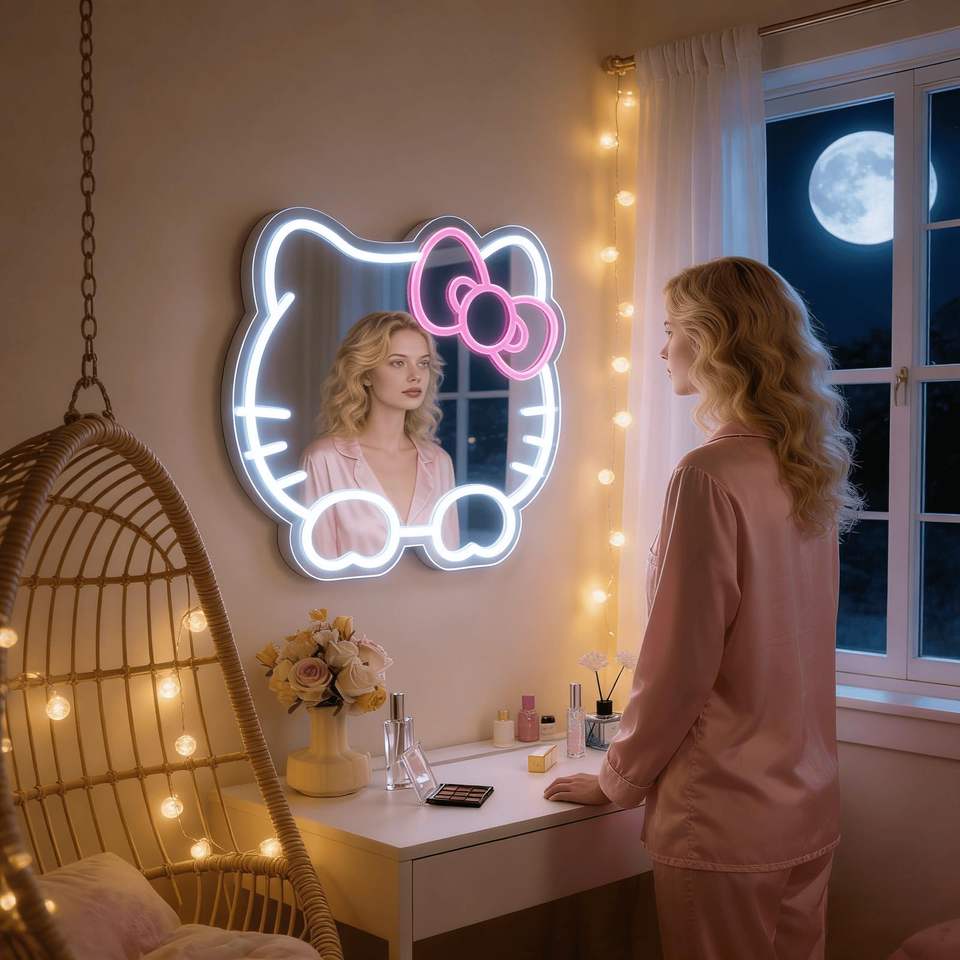 Hello Kitty Mirror Neon Sign - Kawaii Cat Anime LED Light up Mirror for ...