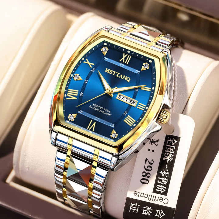 Luxury Men's Watch - Barrel Shape Quartz with Luminous Calendar