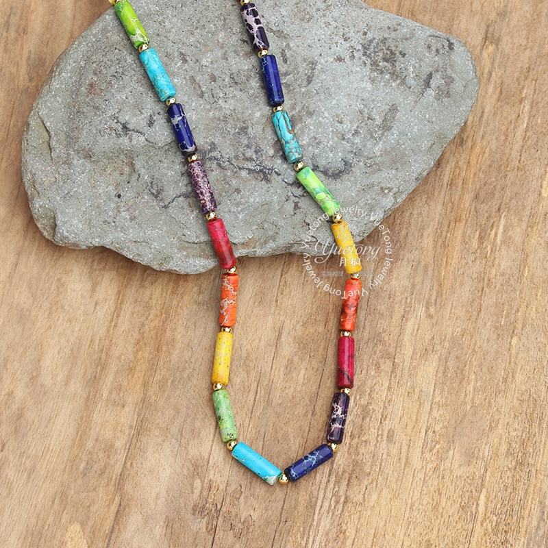 Boho 7 Chakra Natural Stone Imperial Jasper Tube Beads Choker Necklace ...