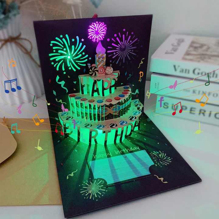 Wholesale Custom Birthday Card Paper LED 3D Cake Firework Pop up ...
