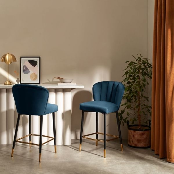 Luxury Dark Blue Fabric Shell Design Bar Stool High Bar Chairs for Bar ...