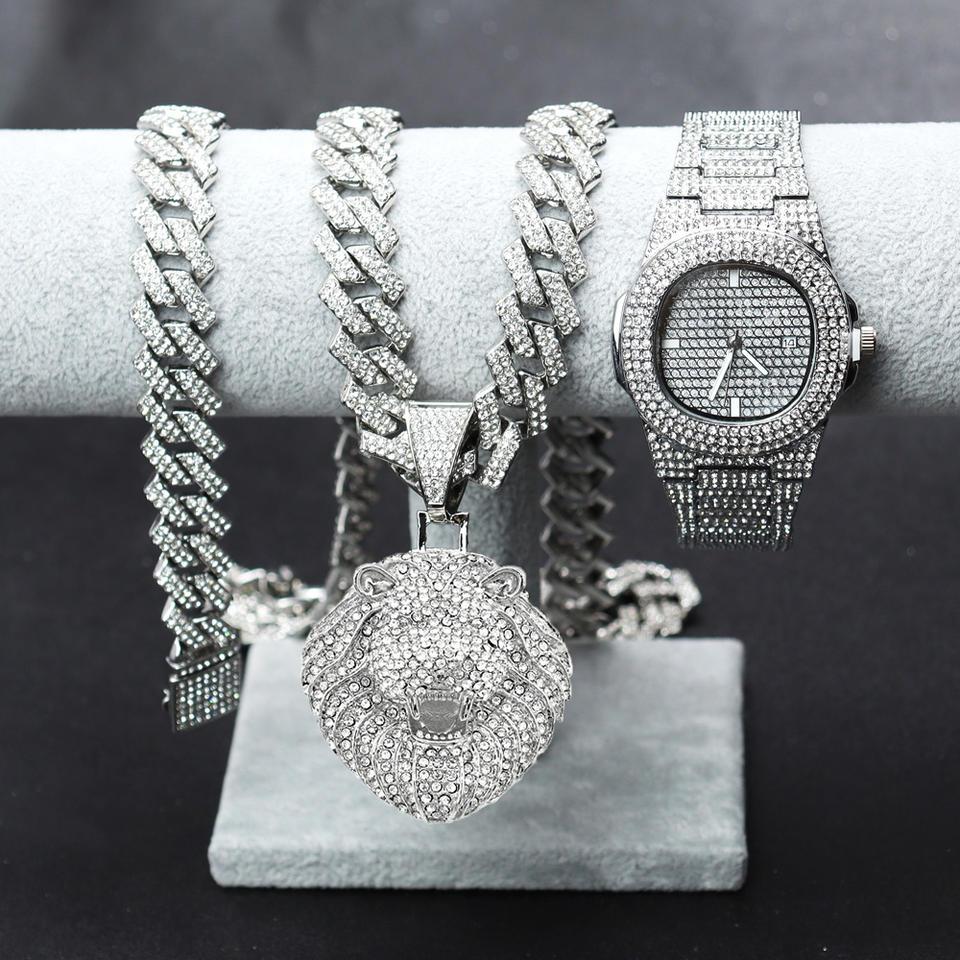Cuban Link Chain Men Watches Bracelet Set - Stylish Silver Watch Gift ...