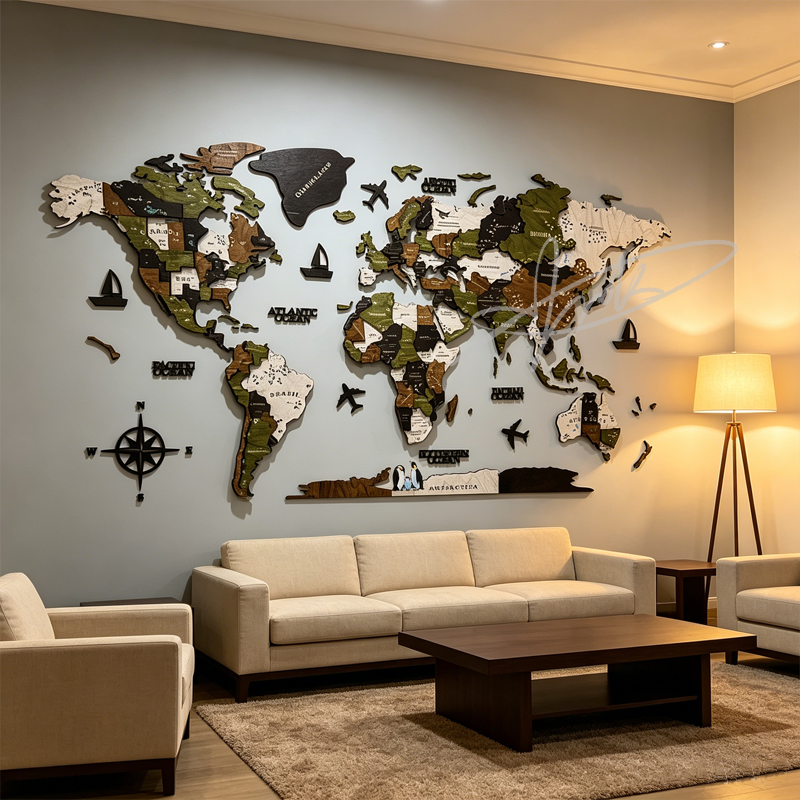 3D Wooden World Map Wall Art, Colorful Green and Brown Wood Grain World ...