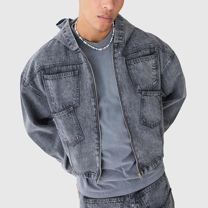 Shop Our Custom Denim Boxy Fit Acid Wash Hooded Jeans Jacket for Men
