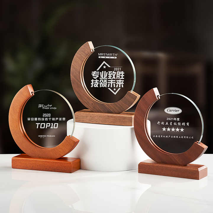 Custom Creative Crescent Wooden Trophy with Crystal Decor