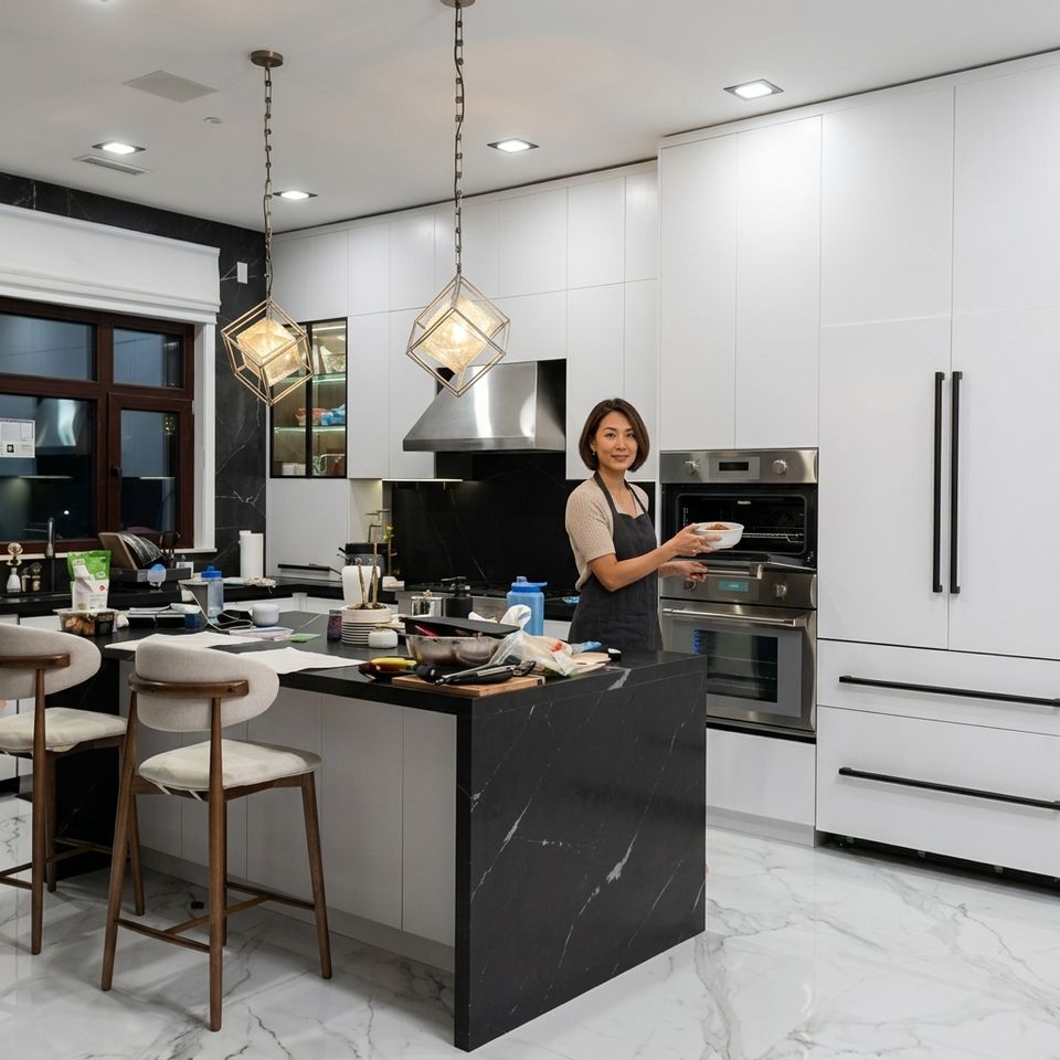 Minimalist White Kitchen Island Cabinets with Stainless Steel and Black ...