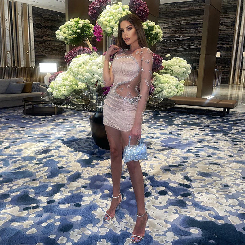 Fashion 2026 Sheer Mesh Crystal for Dress Sexy See-Through Evening Gown ...