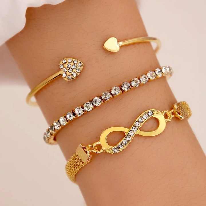 3pcs/set Full Crystal Peach Heart Open Charm Bangle Bracelet Set ...