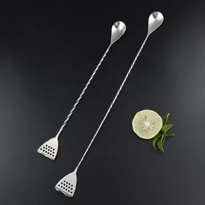 Stainless Steel Long Handle Bar Spoon With Strainer Tail End Spiral ...