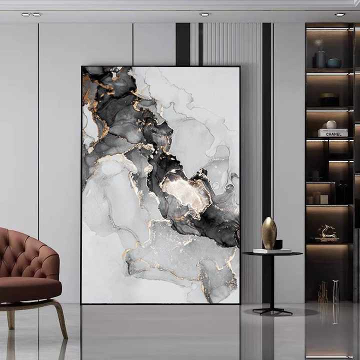 Luxury Abstract Black Gray Gold Fluid Marble Poster Decorative Prints ...