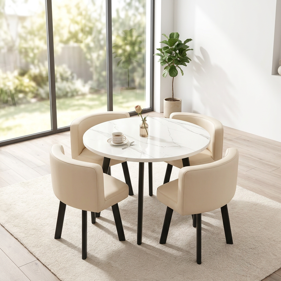 White Marble Pattern Dining Table + Beige Leather Chairs Modern ...
