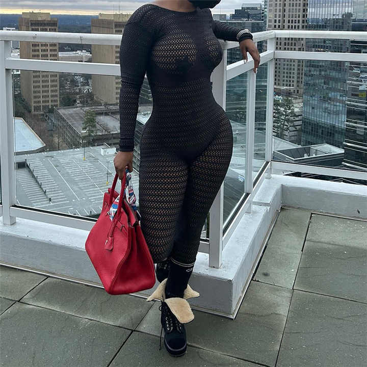 Mesh See Through Solid Stockings Lingerie Women Sexy Hollow Out Onesie ...