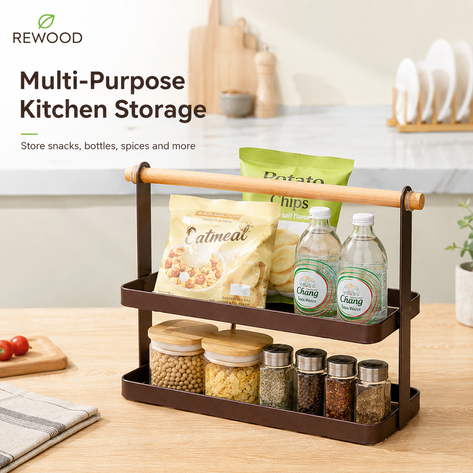 Custom 2 Tier Metal Kitchen Countertop Spice Rack with Wooden Handle ...
