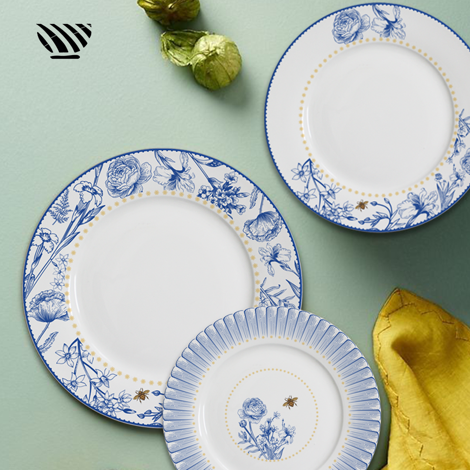 JACOTTA Blue Floral & Bee Gold Inlay Bone China Dinnerware Set-Durable ...