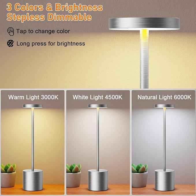 USB Cordless Table Lamps Rechargeable Portable Battery Operated 3 Color ...