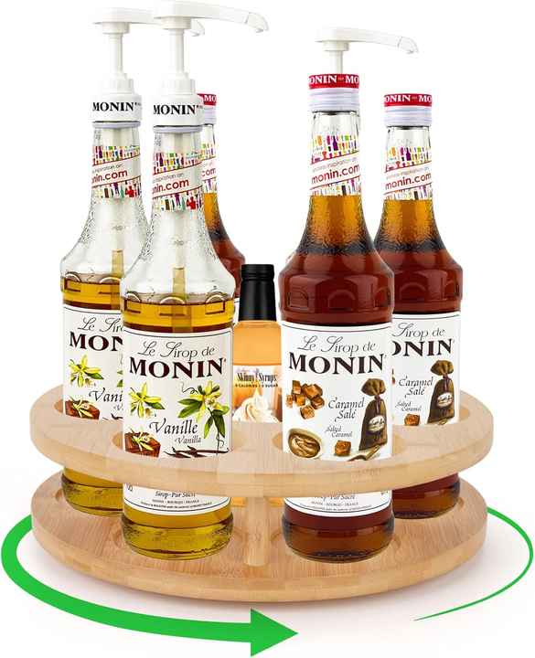 7 Bottles Coffee Capacity Syrup Storage Rack Wooden Rotating Countertop ...