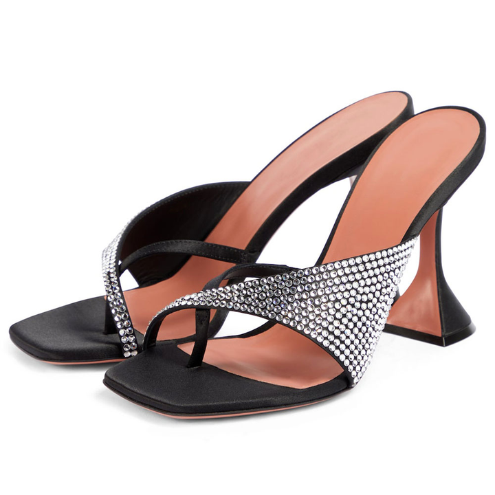 Square Toe Heeled Thong Sandals Rhinestone Slides for Women Crystal ...