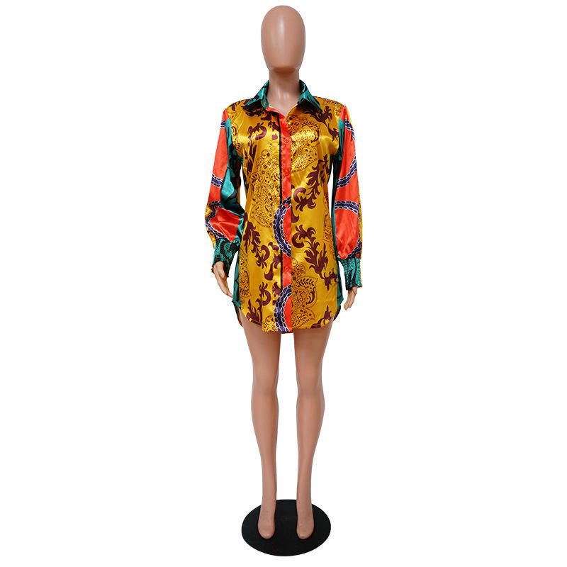 European American-style Retro-print Shirt Dress Women Loose-fitting ...