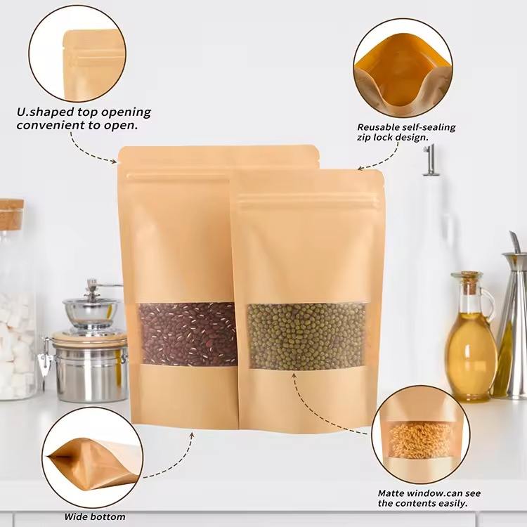 Stand up Zipper Brown Kraft Paper Resealable Ziplock Heat Sealable Food ...