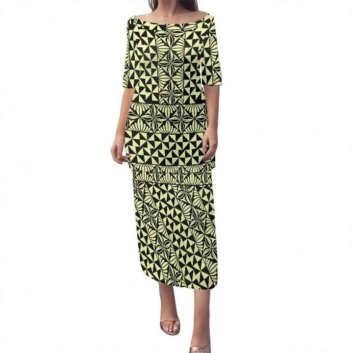 Polynesian Tribal Clothing Samoan Puletasi Yellow Tapa Flower Print ...