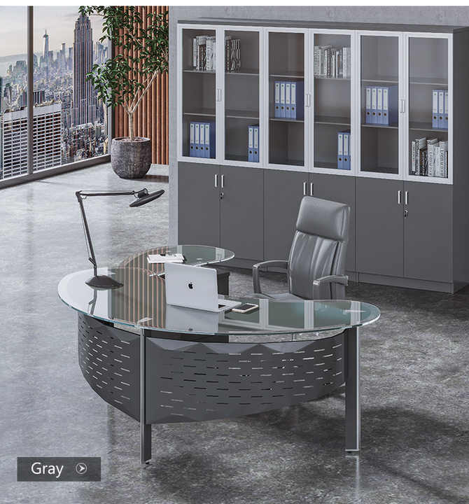 Curved Black Executive Office Desk with Tempered Glass - Modern Semi ...