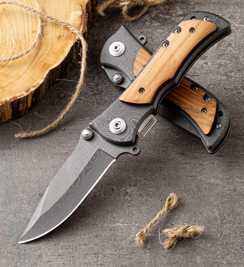 Folding Tactical Pocket Knife Portable Outdoor Wooden Handle Folding ...
