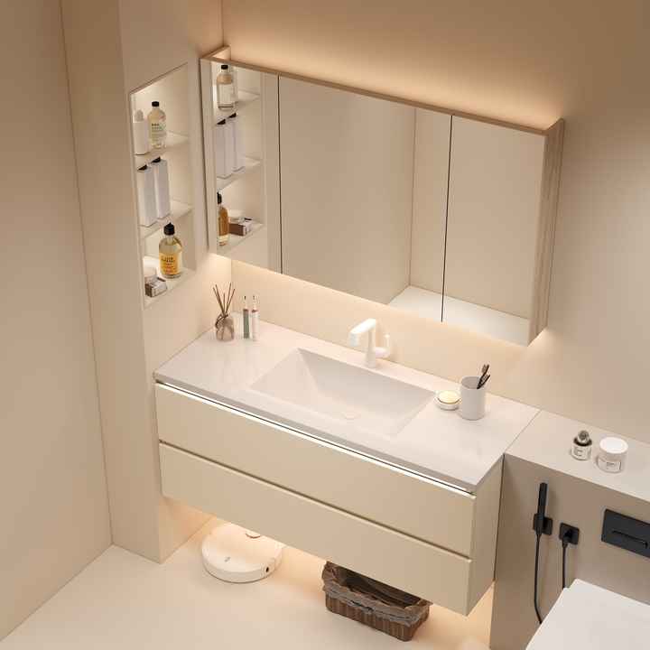Modern Bathroom Vanity Set - LED Strips & Champagne Cabinet