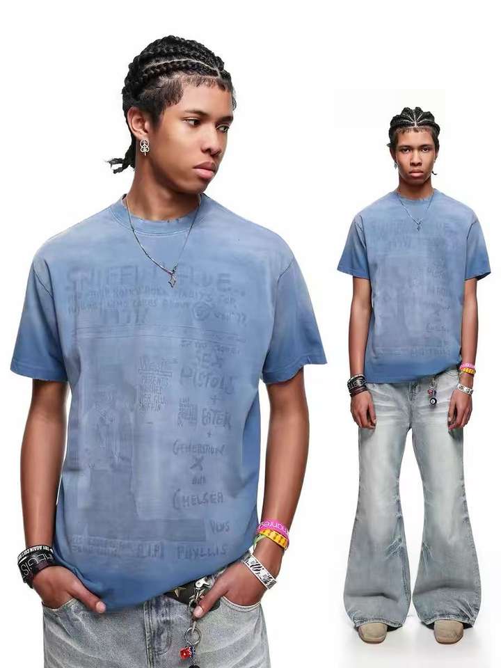 Customized Men's Washed Casual T-Shirts Faded Vintage Band Print ...