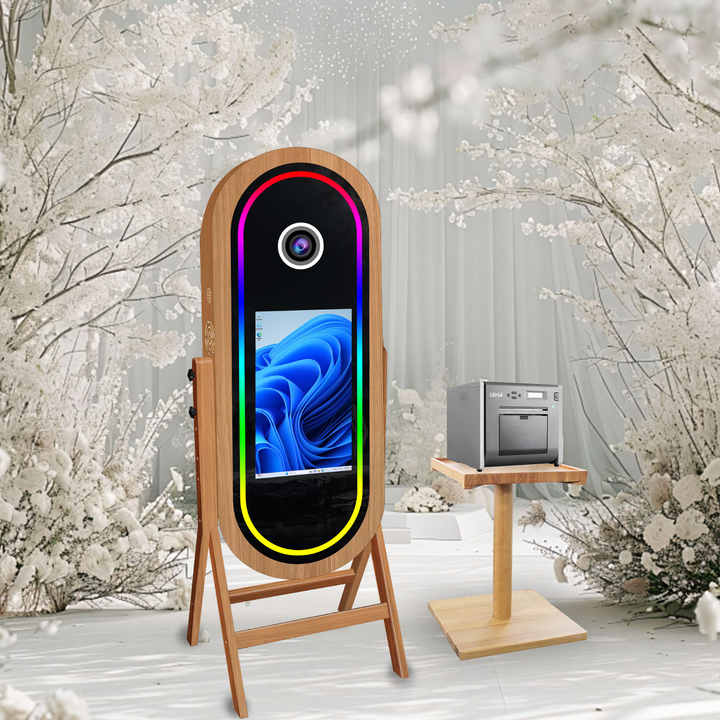 2025 Wooden Magic Mirror Photo Booth With 21.5 Inch Touch Screen Camera Printer Digital Oval ...