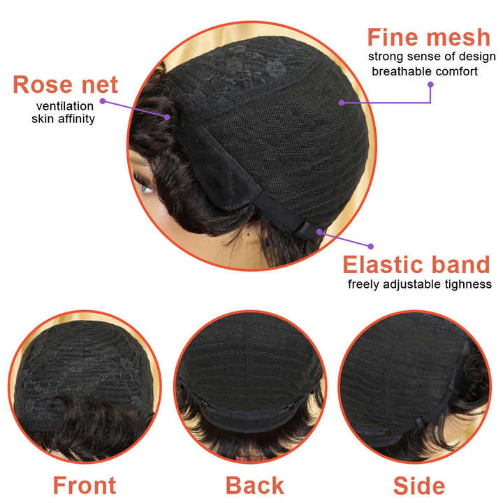 4 Inch Pixie Straight Cut Glueless Wig Natural Black Rainbow Reddish ...