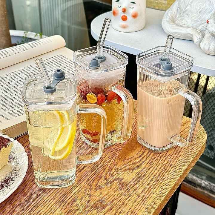 Summer Drink Glass with Clear Strap Handle & Stainless Straw