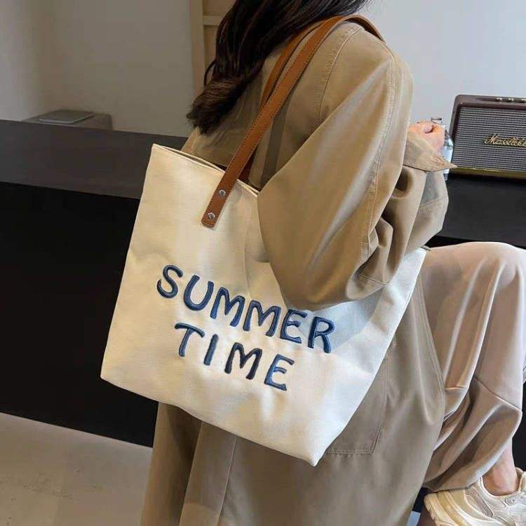 Embroidery Letter Canvas Tote Bag Large Women Daily Student Casual ...