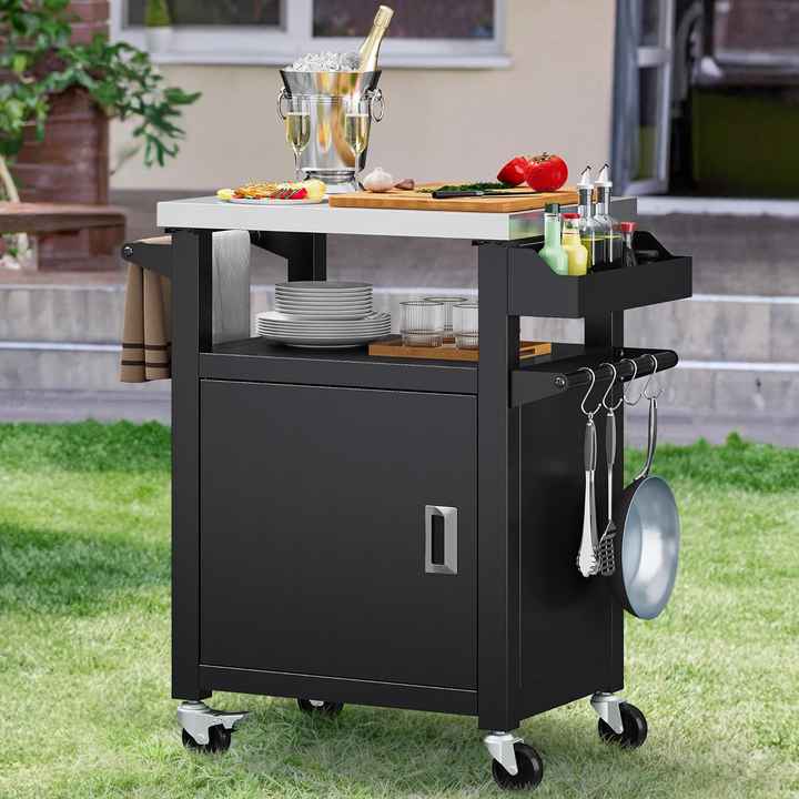 Heavy Duty Outdoor Prep Table & Storage Cart with Enclosed Cabinet