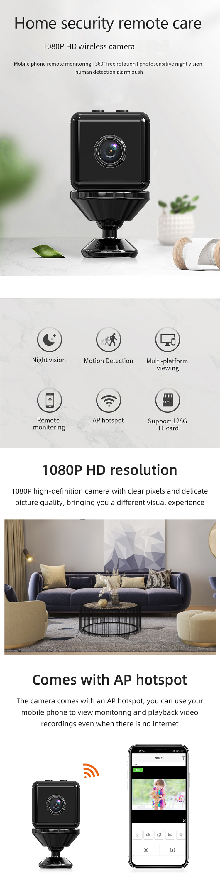 Cube 1080P Night Vision Motion Detection Wifi Camera Nanny Spy Camera ...