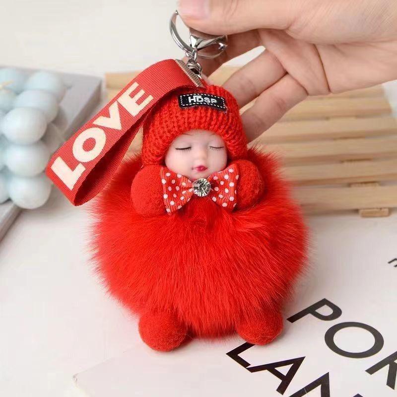 Sweet Cute Sleeping Baby Doll Keychain Pom Pom Rabbit Fur Ball Key ...