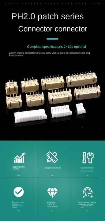 PH2.0 2.0mm Spacing Horizontal Vertical Patch Connector Socket Rubber Shell Plug with Reed ...