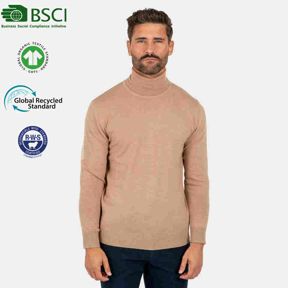 Custom Design Khaki Long Sleeve Turtleneck Long Sleeve 100%Merino Wool ...