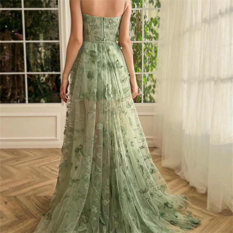 15470# Butterfly Lace Spaghetti Straps High Slit a-Line Wedding Dress