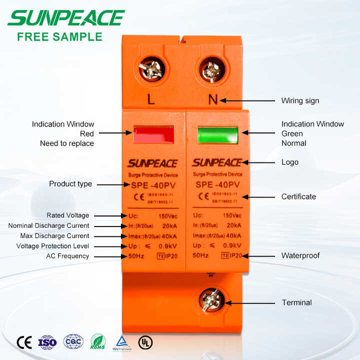 Dc Ac SPD Surge protection Devices lightning 20ka 40ka T2 1P 2P 3P 4P 500V 600V 800V 1000V 1200V ...