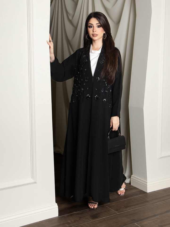 Elegant Black Abaya 2026 Saudi Arabic Embroidery Muslim Open Abaya ...