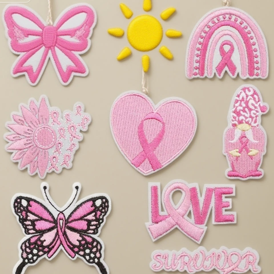 Pink Ribbon Chenille Embroidery Patches with Glitter Heat Transfer Iron ...
