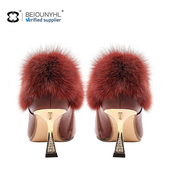 Genuine Leather Popular Fashion High Heel Dress Shoes Brown Rabbit Fur ...
