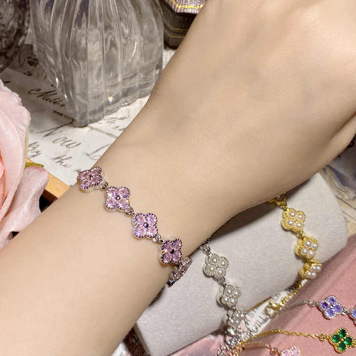 Delicate Women's 18K Plated Brass Copper Bracelet 3A Cubic Zirconia Classic Four-Leaf Clover ...