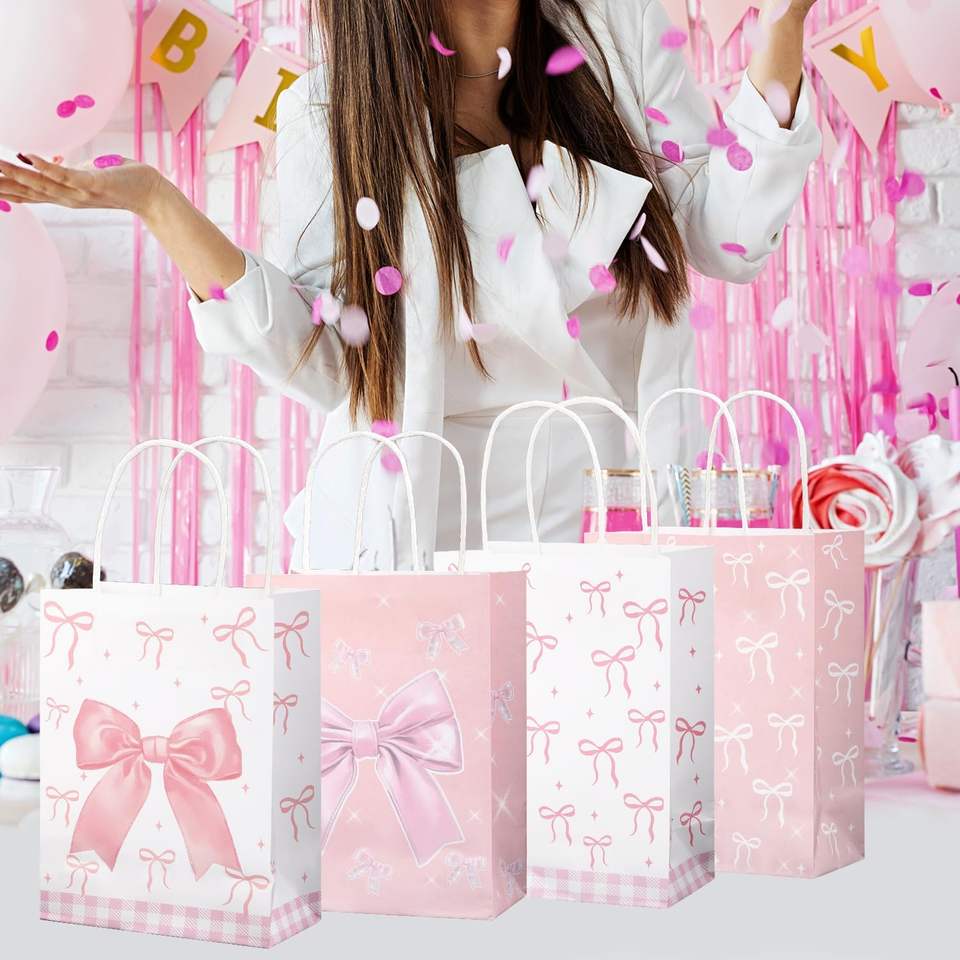 Bow Pink Party Favor Bags with Handle, Small Pink Gift Bags Goodie Bag ...