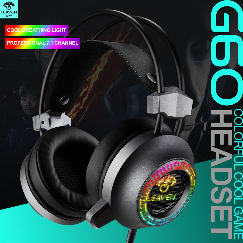LEAVEN G60 유선 7.1 채널 RGB 라이트 게임용 헤드셋 소음 제거 이어폰 라인 제어 기능 음악 이어폰 헤드폰 ...