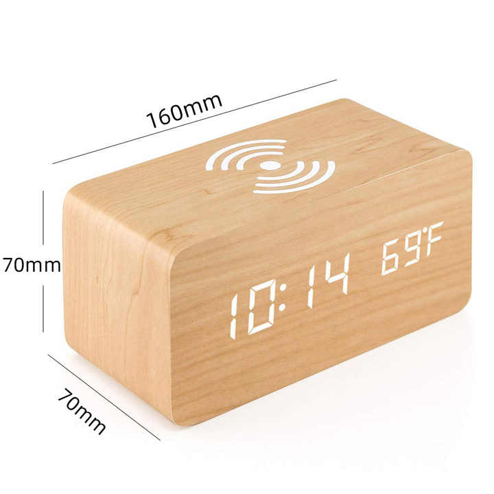 15W Smart Wireless Charging LED Alarm Clock Bamboo Wood Digital ...