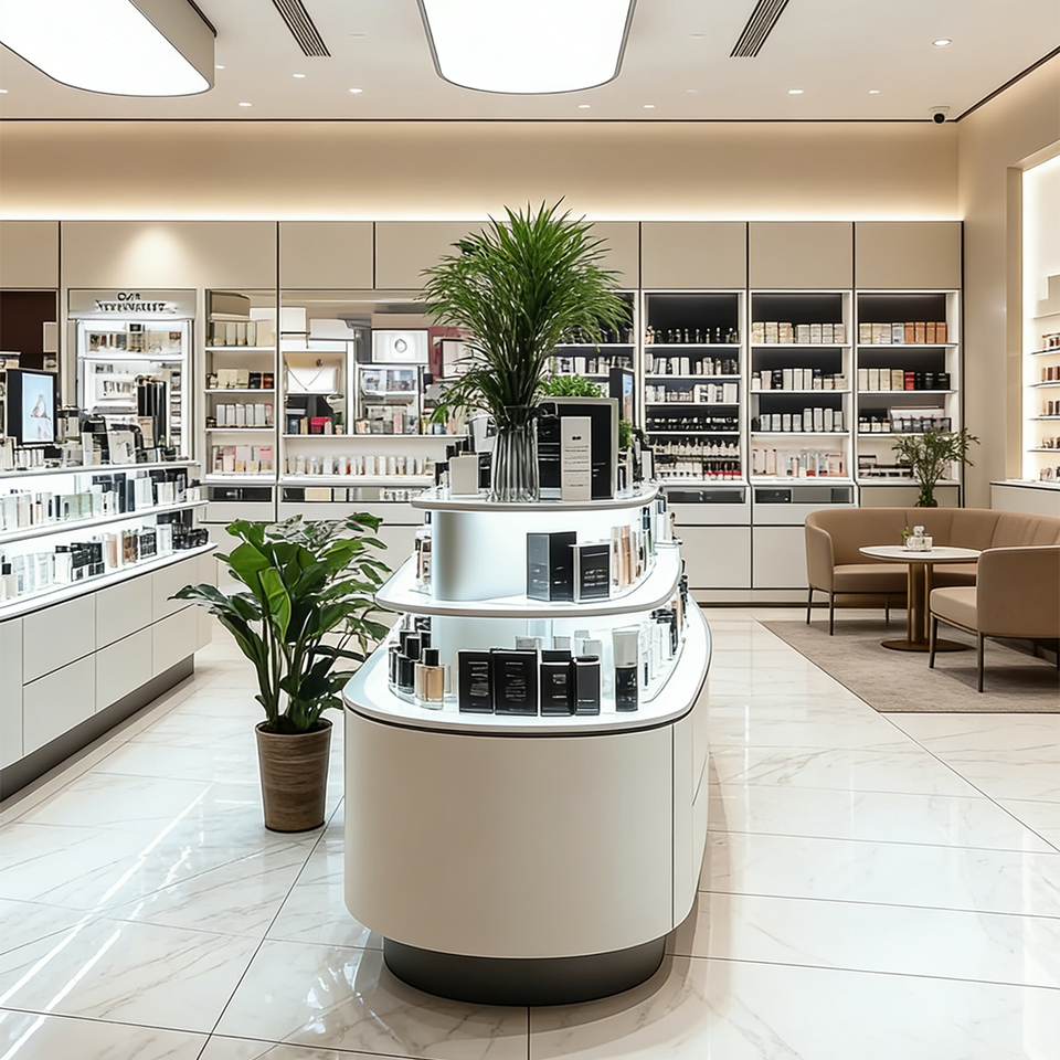 Modern Minimalist Mall Beauty Collective with Tiered Curved Displays ...