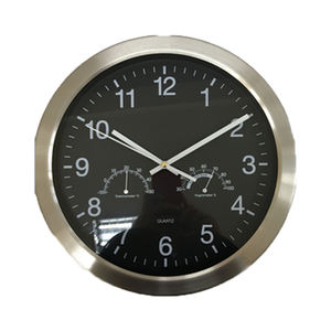 Modern Black Round Quartz Metal Wall Clock with Temperature and Humidity