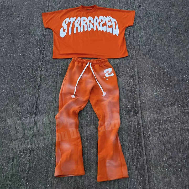 Custom Screen Print Acid Wash Sun Faded Sweatsuit Drop Shoulder Cropped ...